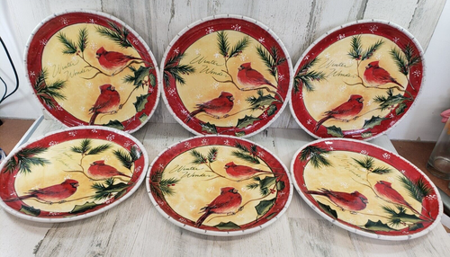 Pier 1 Holly Birds 6 Dinner Plates Christmas Cardinals Hand Painted ...