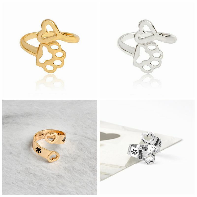Fashion Paw Print Love Heart Ring Open Adjustable Rings Dog Cat Pet ...