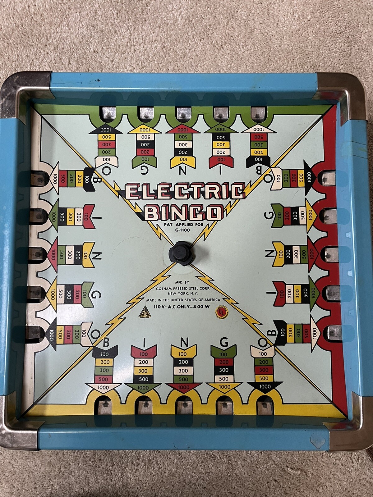 VINTAGE GOTHAM PRESSED STEEL ELECTRIC BINGO GAME MOTOR DRIVEN W/ BOX ...