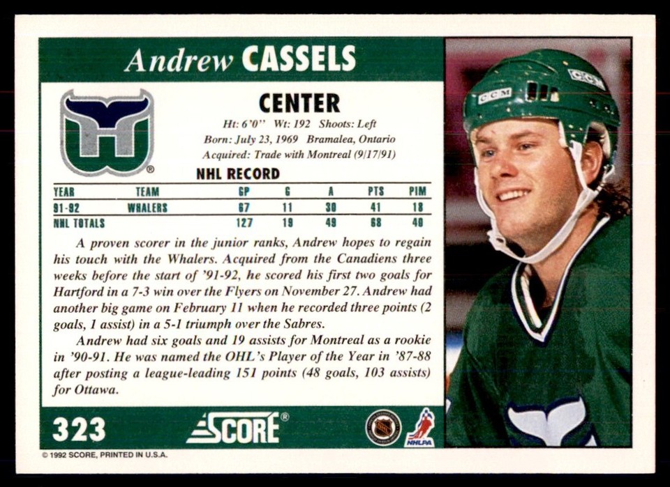 Andrew Cassels 1992-93 Score #323 Hartford Whalers | eBay
