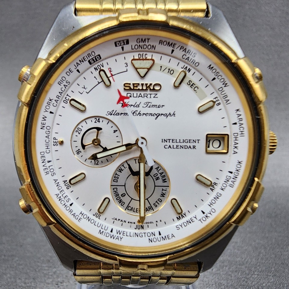 Seiko World Time Watch Men 39mm White Dial Two Tone Alarm Chrono 6M15 ...