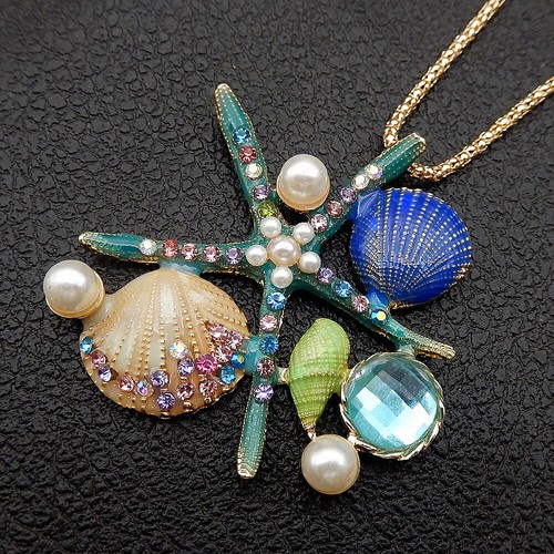 Blue Green Enamel Crystal Sea Starfish Shell Conch Pendant Long ...