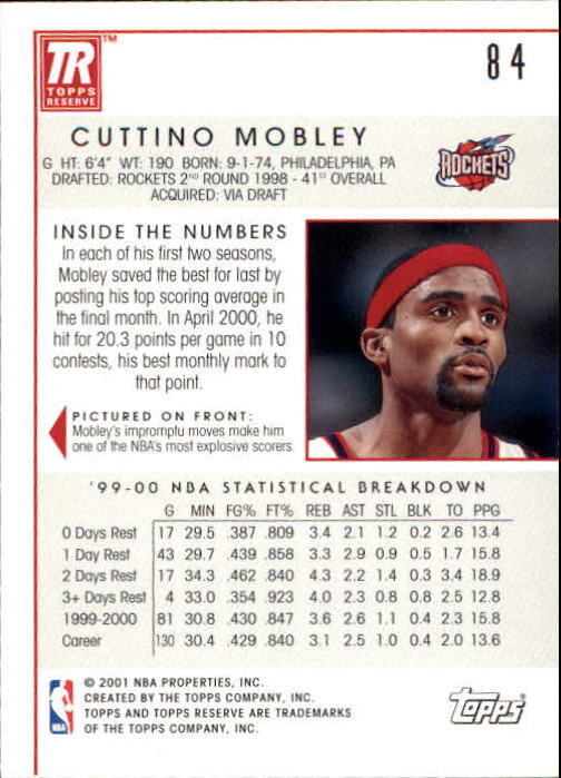 2000-01 Topps Reserve Houston Rockets Basketball Card #84 Cuttino ...