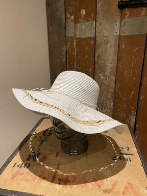 S.H.T Straw Paper Sun Hat White Straw Trim Perl Tie Women's Adjustable ...