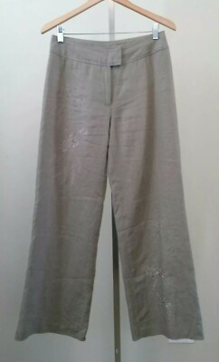 KENAR Womens Brown 100% Linen Wide Leg Lined Pants Floral Embroidery ...