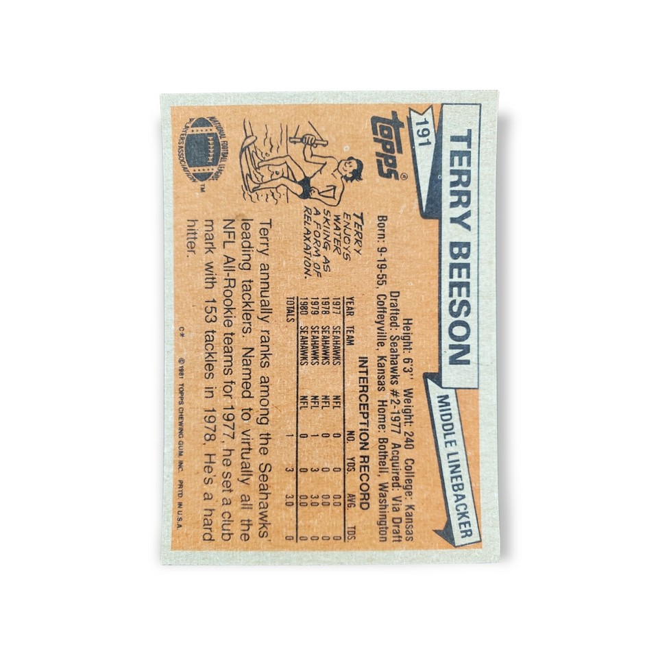 1981 Topps Football Terry Beeson Card #191 Seattle Seahawks Trading ...