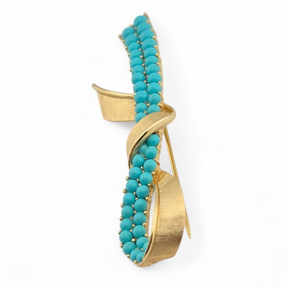 VINTAGE CROWN TRIFARI GOLD TURQUOISE CABOCHON Brooch & EARRINGS Ribbon ...