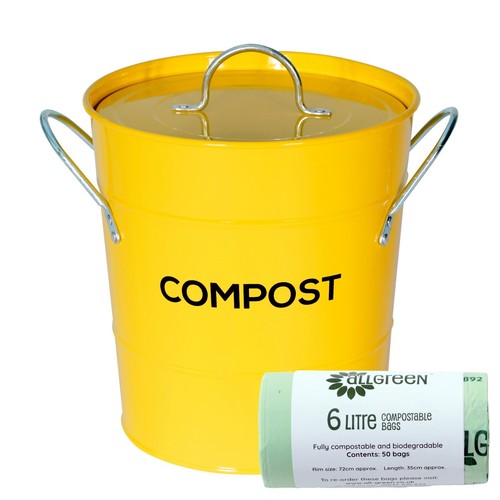 Yellow Compost Caddy & 50x 6L Compostable Bags - Kitchen Compost Bin ...