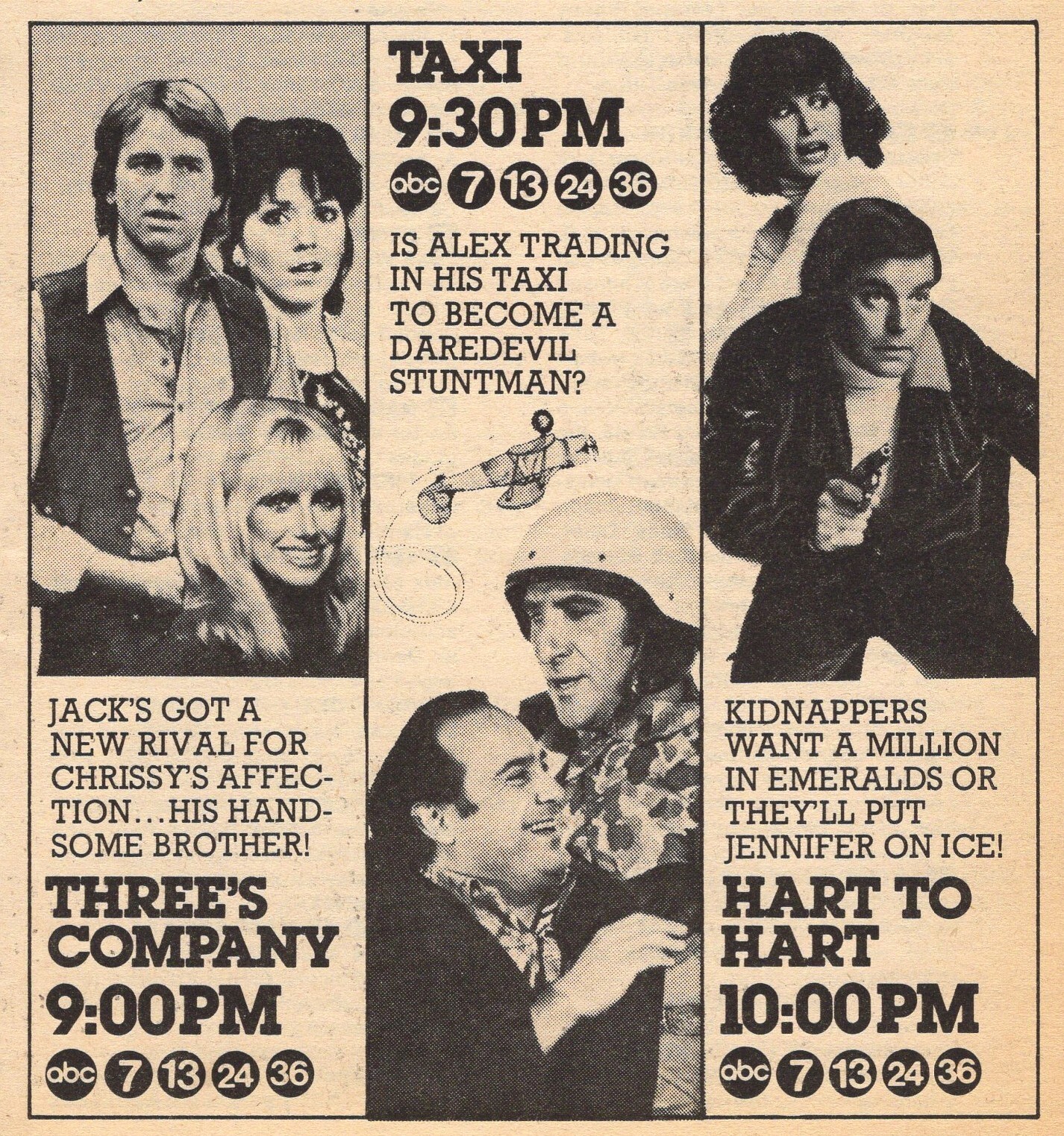 1980 ABC LINEUP TV AD ~ THREE'S COMPANY SUZANNE SOMERS ~ TAXI ~ HART TO ...