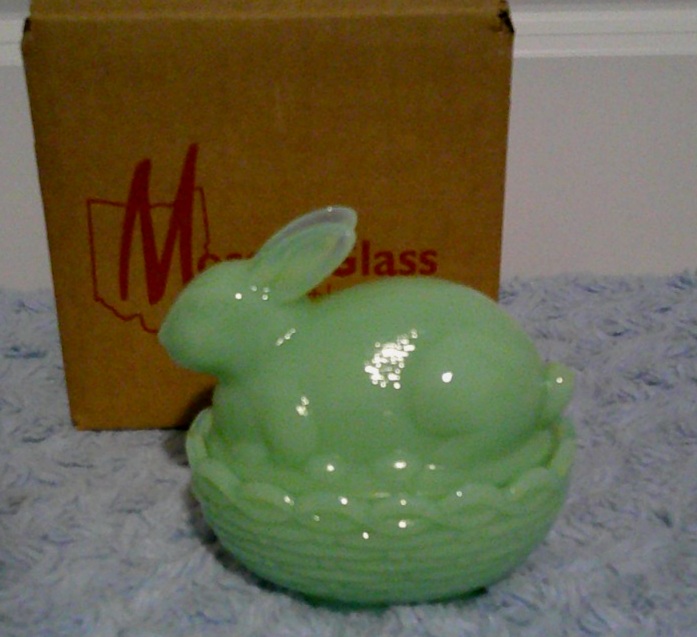 Mosser Glass USA Jade Jadeite Green BUNNY ON NEST Trinket Box Easter ...