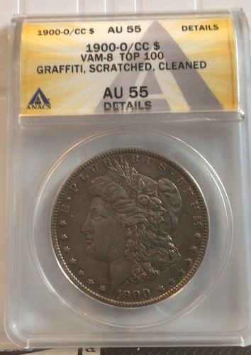 1900 O/CC Morgan Silver $1, ANAC Grade AU55, Top 100, Vam-8, A lot Of ...