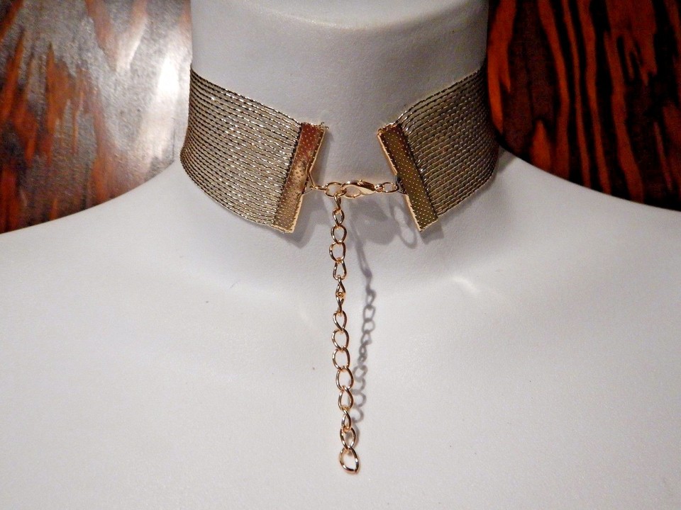 GOLD MESH RIBBON CHOKER 1920's style art deco flapper necklace band T5 ...