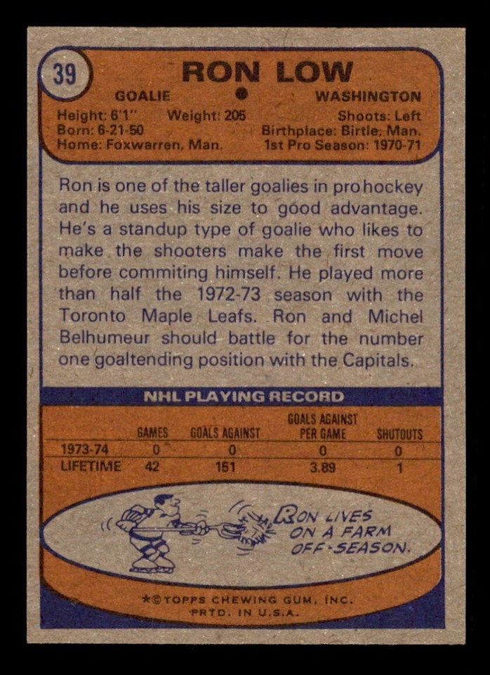 1974 Topps Hockey #39 Ron Low EX/MT | eBay