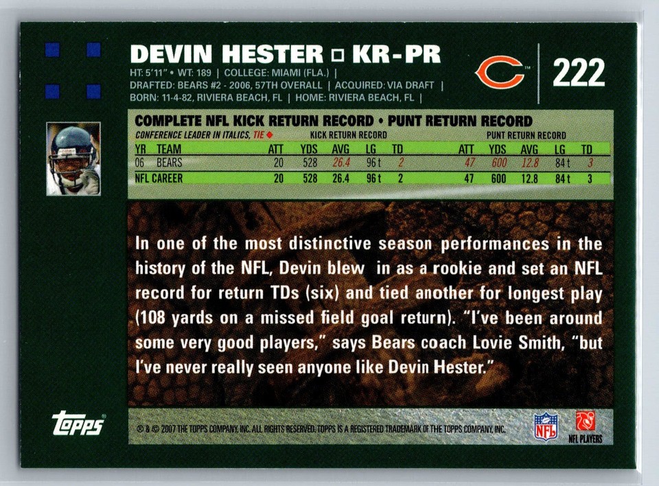 2007 Topps Devin Hester Chicago Bears #222 | eBay