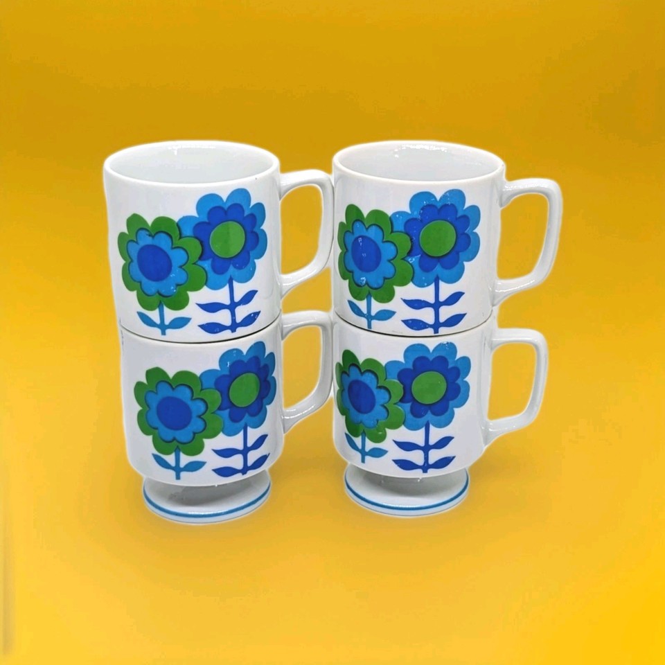 Vtg MCM Set 4 Stackable Flower Power Pedestal Mugs Cups 70s Retro Green ...