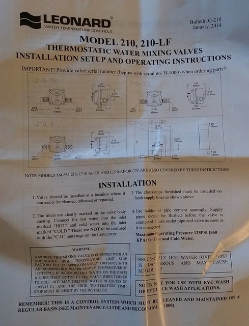Leonard 210 Ta-f Thermostatic Water Mixing Valve 1/2" Connections for ...