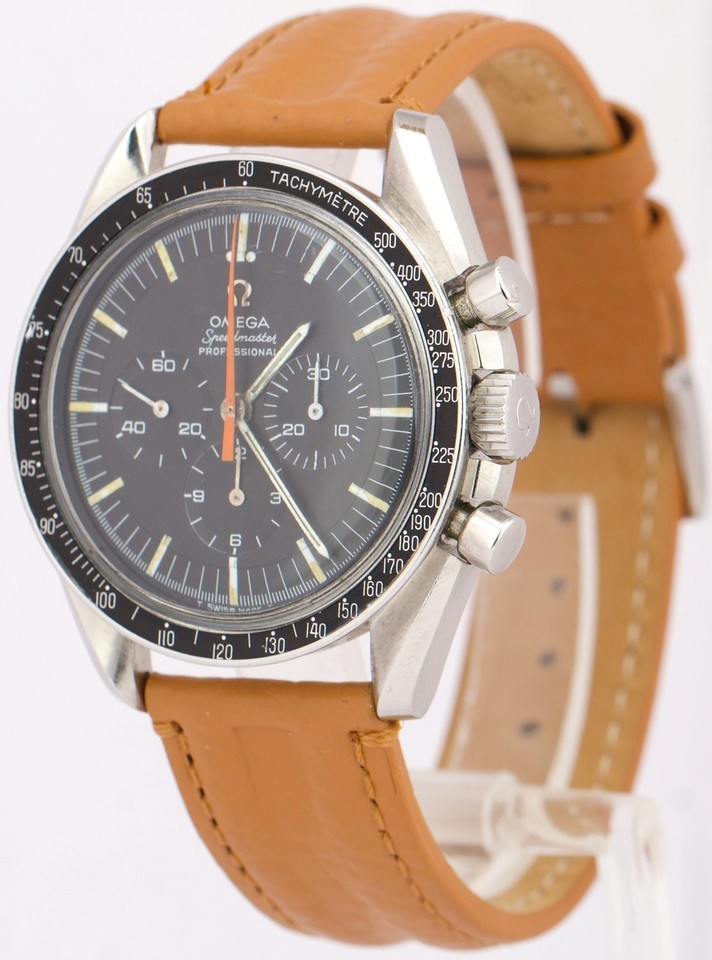 VINTAGE Omega Speedmaster ORANGE HAND Manual Black Leather 42mm Steel ...