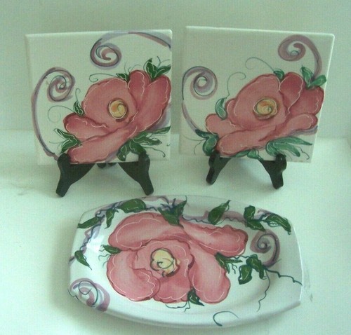 Jan Pugh Pottery Pink Cabbage Rose Tray & Tiles Trivets Packer Creek ...