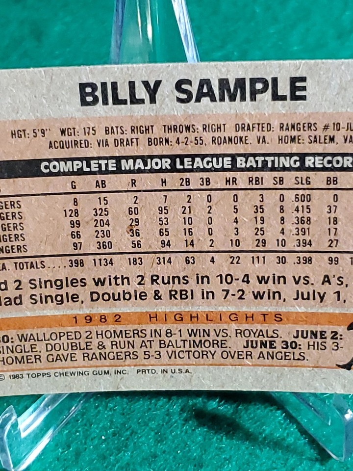 1983 Topps Billy Sample #641 Texas Rangers | eBay