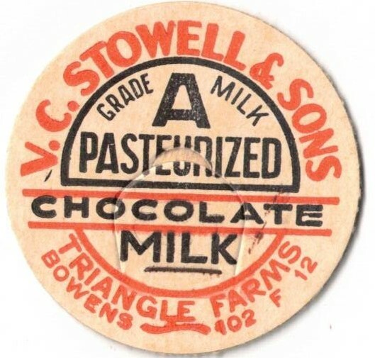 V.C. STOWELL & SONS-CHOCOLATE MILK-TRIANGLE FARMS-BOWENS-1 5/8 INCHES ...