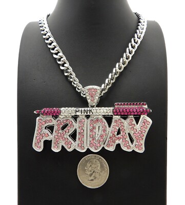 WOMEN'S HIP HOP ICED PINK FRIDAY PENDANT & 10mm 18" CUBAN CHOKER CHAIN ...