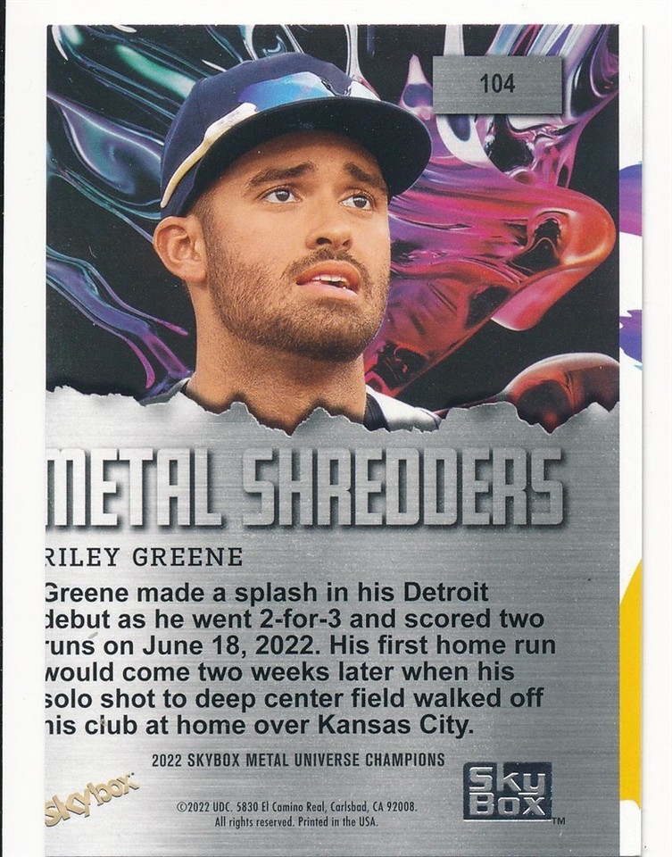 RILEY GREENE 2022 SKYBOX METAL UNIVERSE METAL SHREDDERS #104 BASEBALL ...