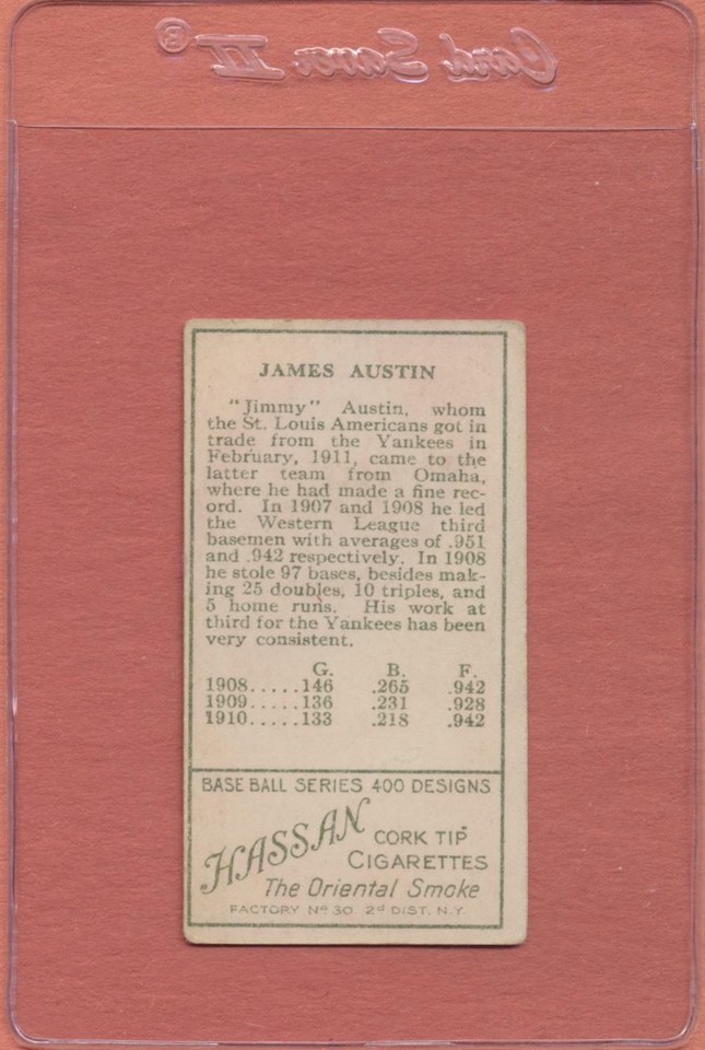 1911 T205 Gold Borders James Austin New York Yankees MID GRADE BEAUTY ...