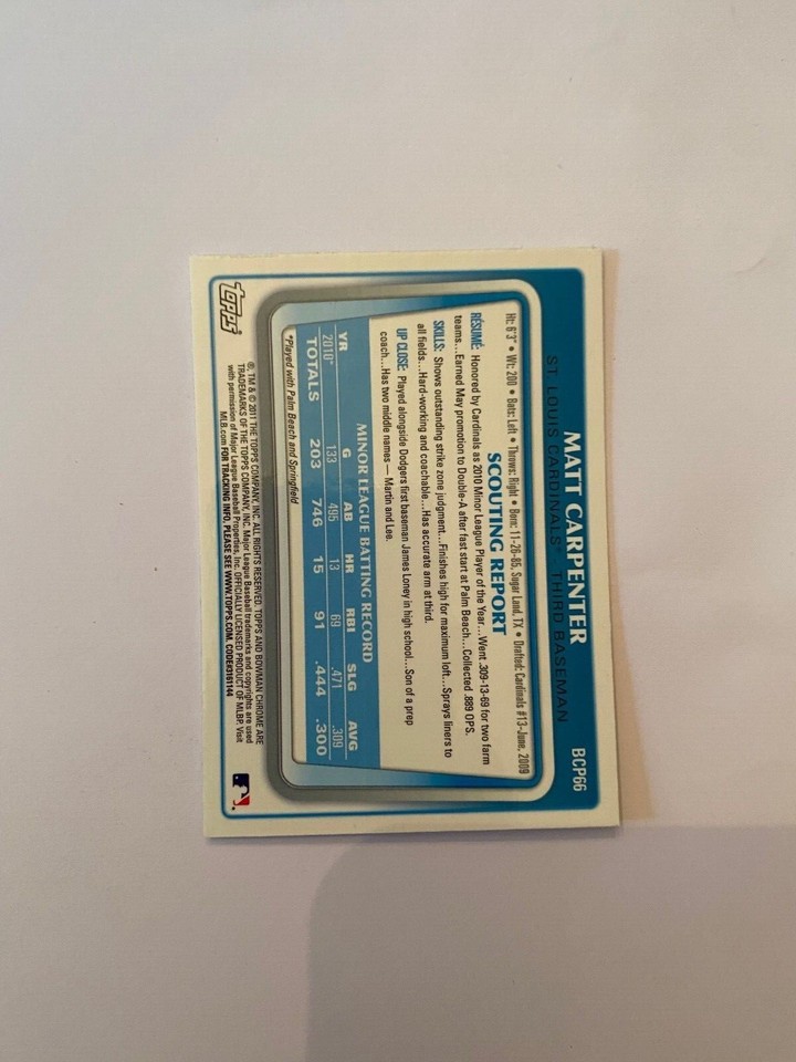 Matt Carpenter ROOKIE CARD - 2011 Bowman Chrome BCP66 - NEAR MINT | eBay