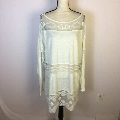 Free People Tunic Top Sz M Womans White Floral Embroidered Mesh Long ...