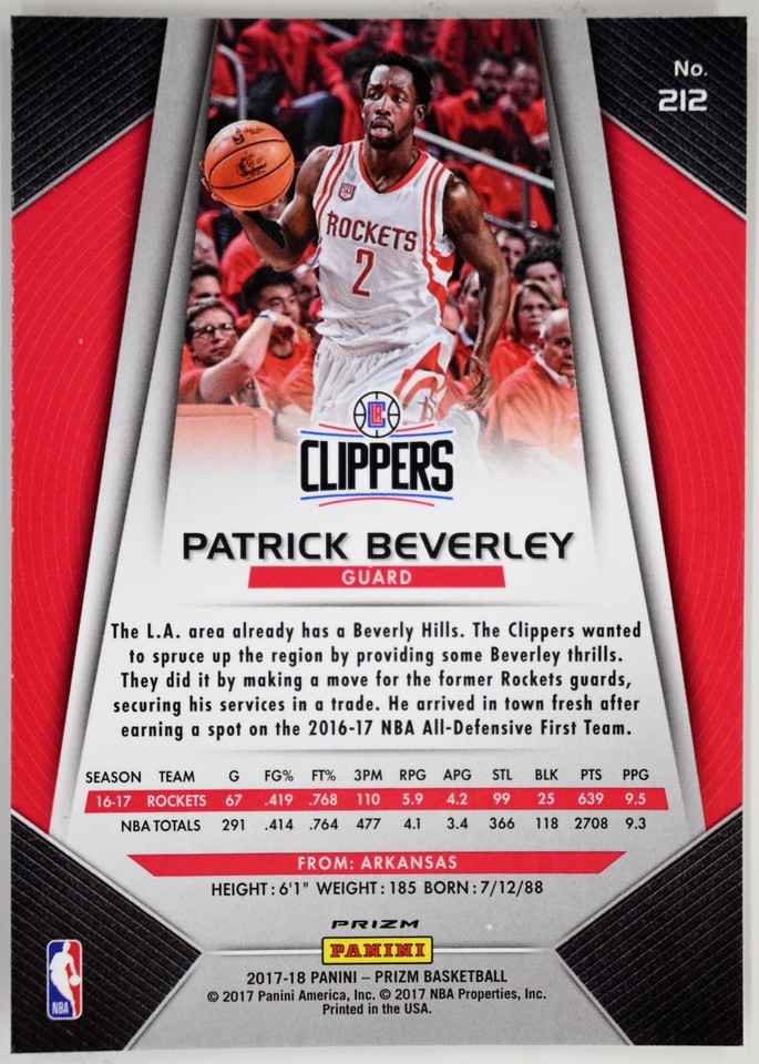 2017-18 Panini Prizm #212 Patrick Beverley Silver Prizm Houston Rockets ...