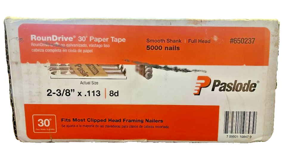 Nailgun Nails RounDrive 30 Degree Paper Tape, Full Head Brite Paslode ...