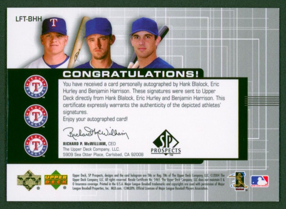 2004 SP Prospects HANK BLALOCK 'Jersey #12' /50 ERIC HURLEY +1 RC ...