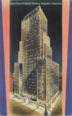 Linen Postcard Art Deco Sterick Building, Memphis TN Illuminated Night ...