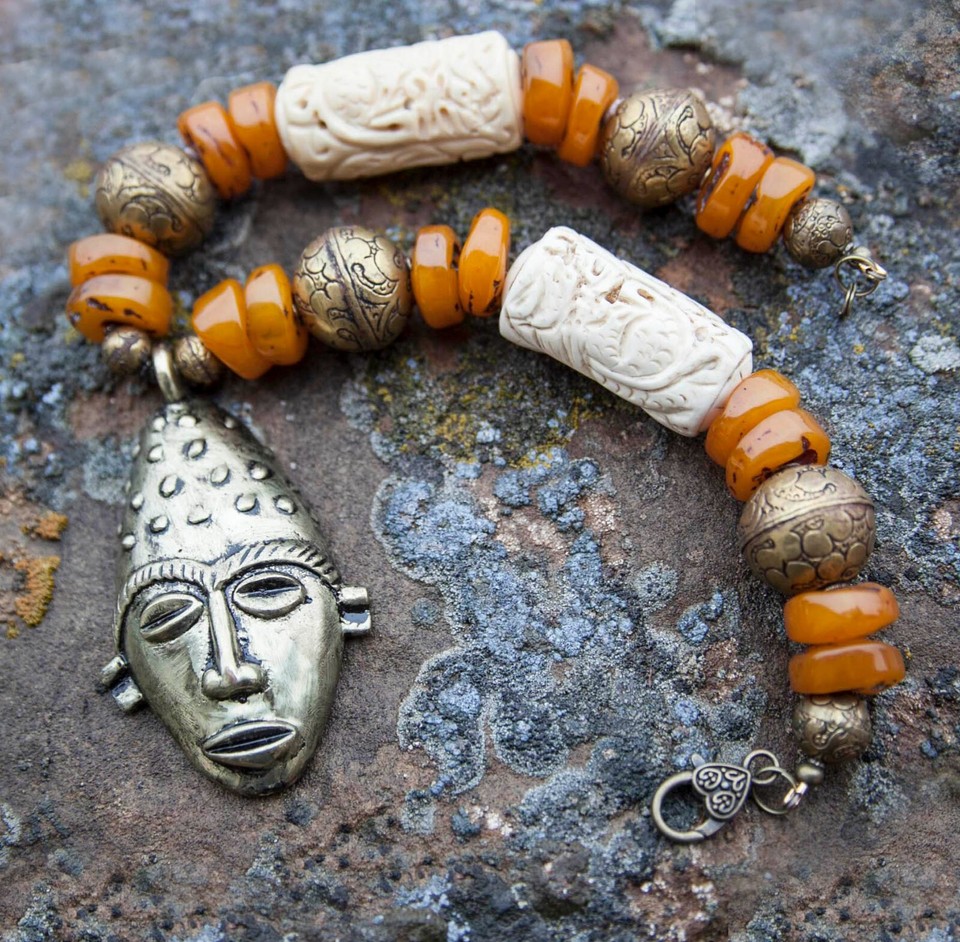 African Mask Brass Moroccan Amber Tribal Ethnic Statement Necklace ...