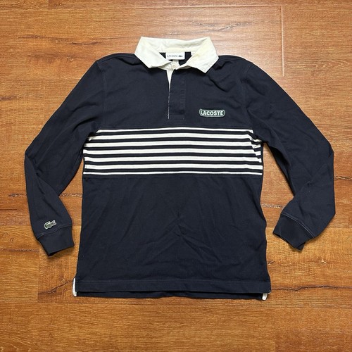 Lacoste Polo Shirt Mens S Blue Stripe Rugby Long Sleeve Luxury Retro ...