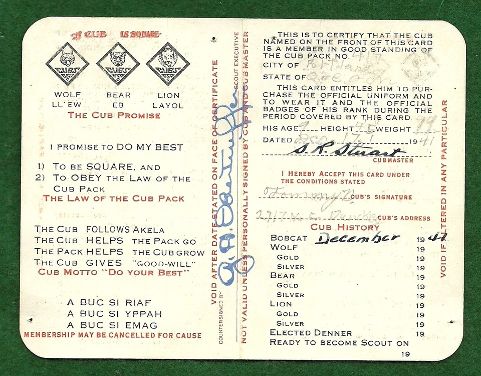 VINTAGE BOY SCOUT- 1942 CUBS BSA MEMBERSHIP CARD - FREE SHIPPING | eBay