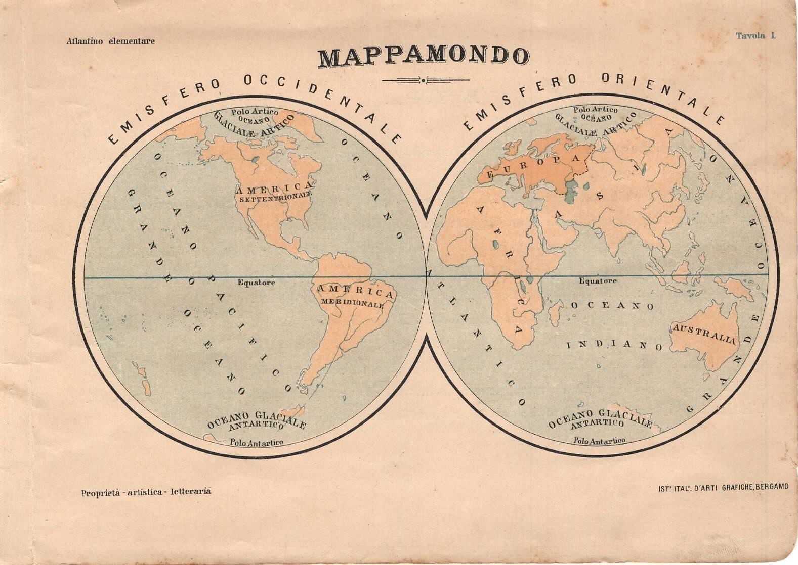 Carta geografica antica PICCOLO MAPPAMONDO scuola elementare 1907 ...