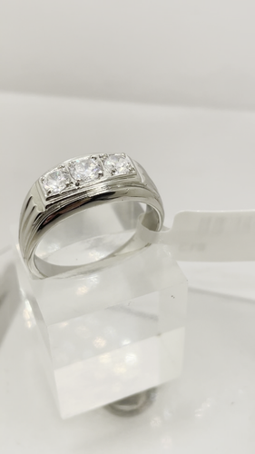 Mens three stone ring silver signet pinky stainless steel 3 carat cz ...