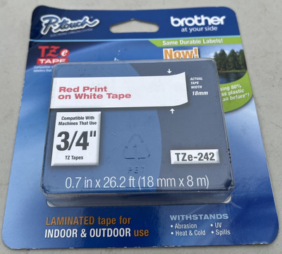 Brother P-Touch TZe-242 3/4" Red Print on White Tape Laminated Indoor ...