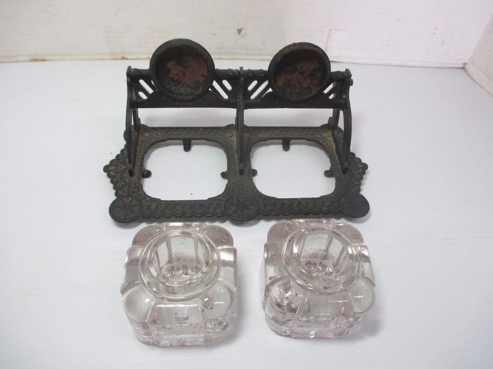 Vtg. Large Cast Iron Inkwell Set with 2 Glass Ink Wells on Cast Iron ...
