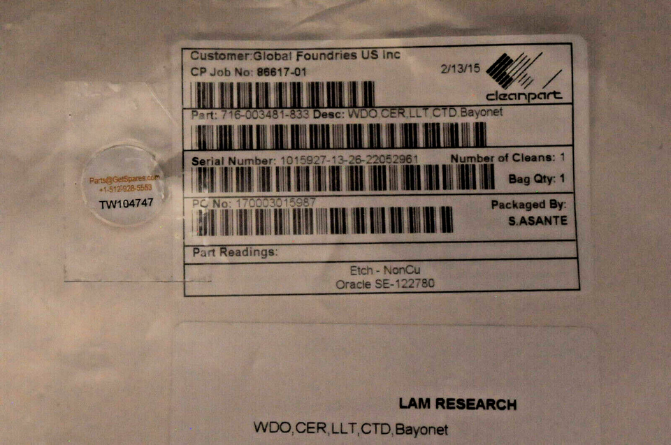 716-003481-833 / WINDOW CERAMIC LLT CTD BAYONET KIYO EX / LAM RESEARCH ...