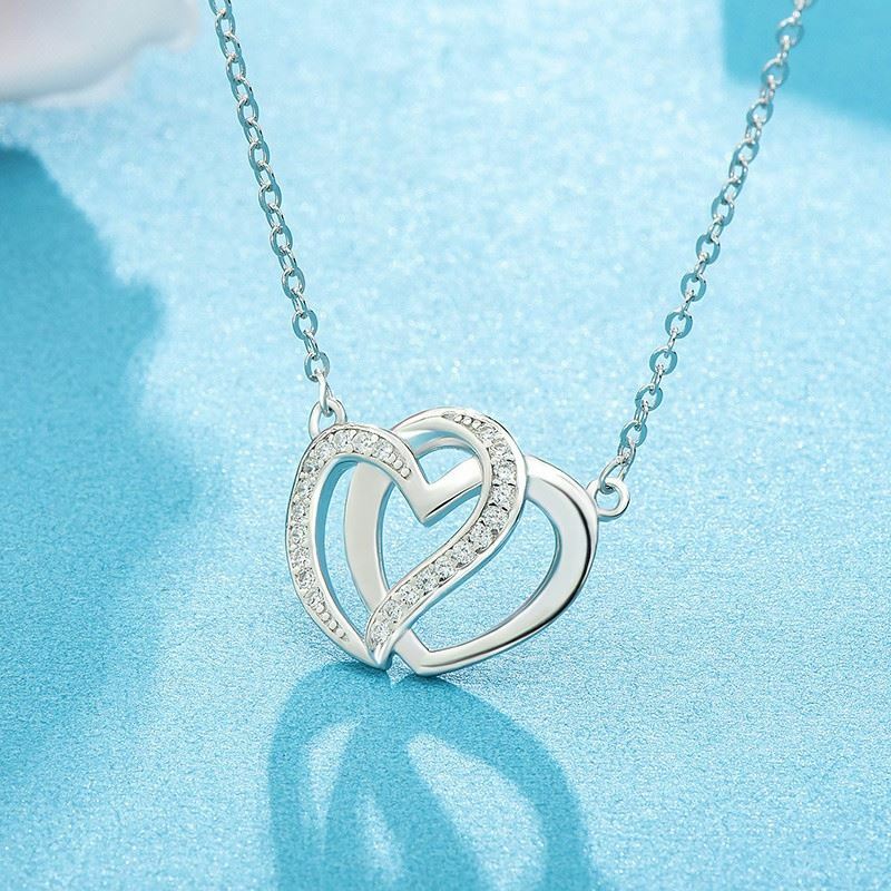 926 Sterling Silver CZ Interlocking Two Hearts Love Charm Necklace for ...