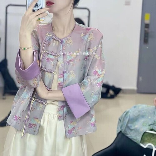 New Chinese Women Tang Suit Crew Neck Floral Printed Short Coats ...