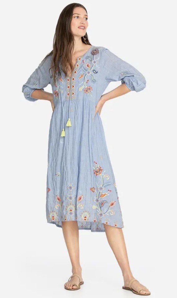 Johnny Was Medium Nya Tiered Knit Embroidered Dress Blue Bohemian Beach ...