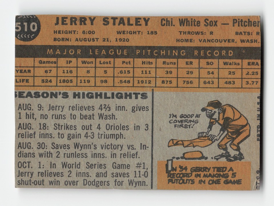 1960 Topps #510 Jerry Staley Poor | eBay