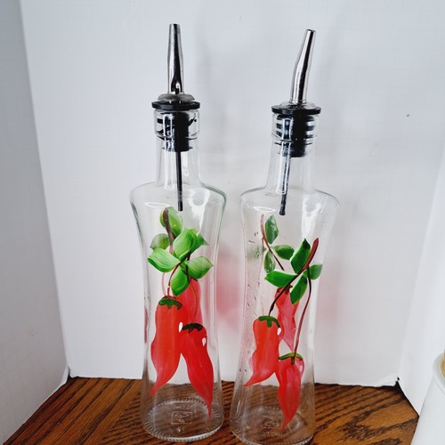 Olive Oil Dispenser Glass Chilli Peppers Handpainted Set Of 2 | eBay