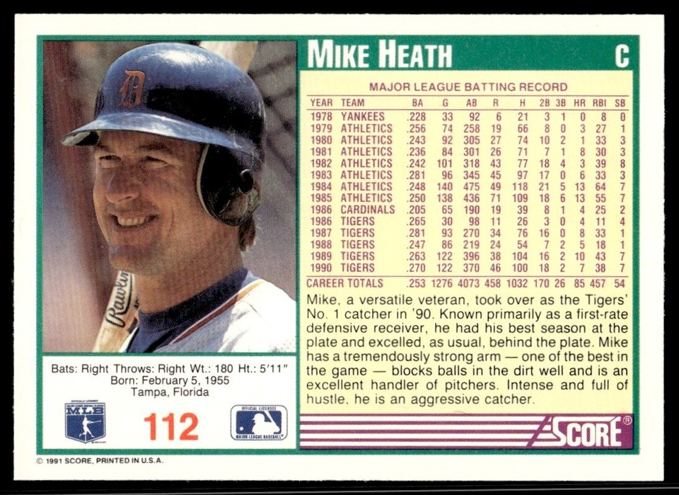 1991 Score Baseball Card Mike Heath Detroit Tigers #112 | eBay