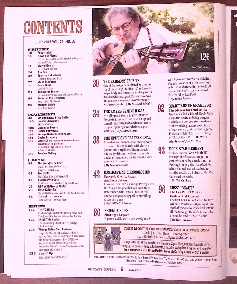 2015 VINTAGE GUITAR MAGAZINE WAYNE NELSON STEPHEN ULRICH JULY LOTS MORE ...