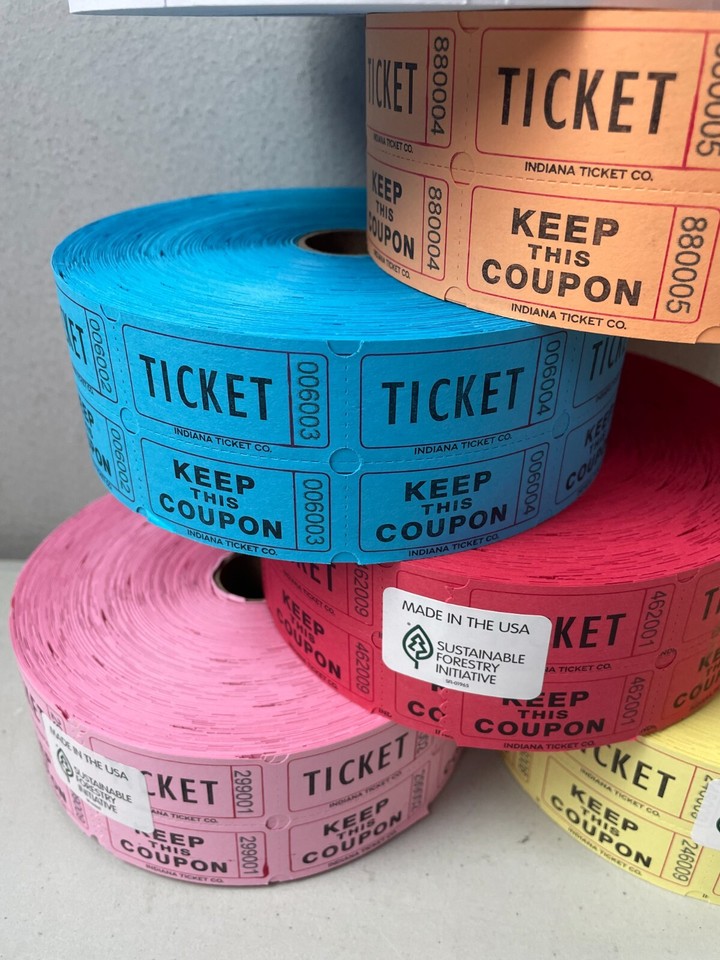 Raffle Tickets 10 Rolls Double Stub 2000 Each 50/50 Split the Pot 8 ...