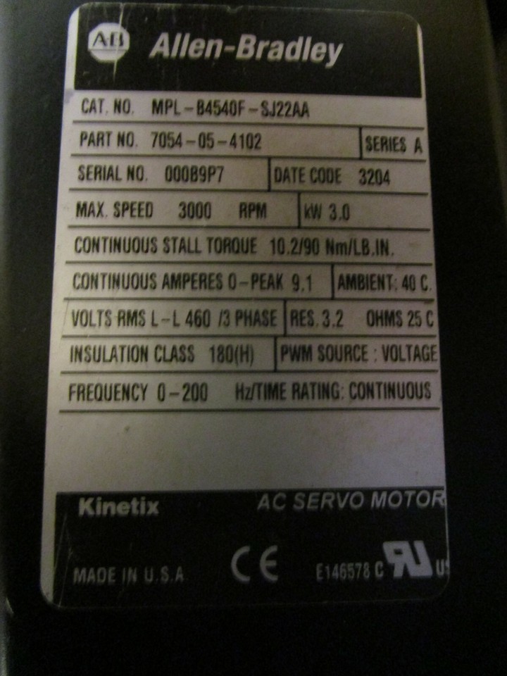 ALLEN-BRADLEY MPL-B4540F-SJ22AA AC SERVO MOTOR 3.0KW 460V 3PH 3000RPM ...